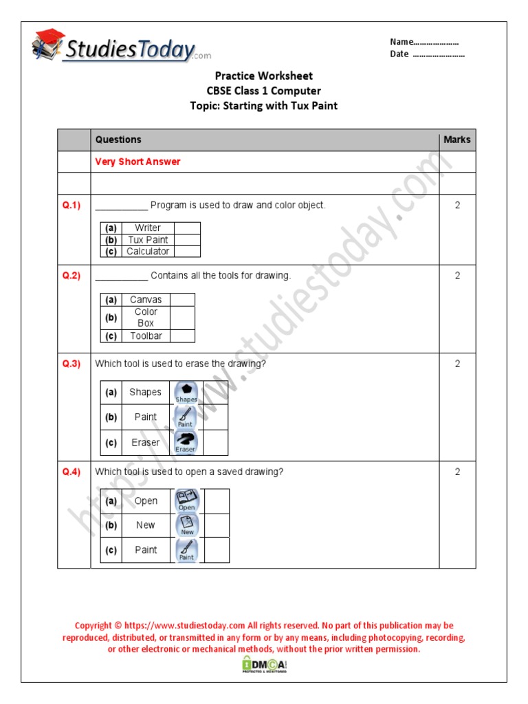 Practice Worksheet CBSE Class 1 Computer Topic: Starting With Tux Paint ...