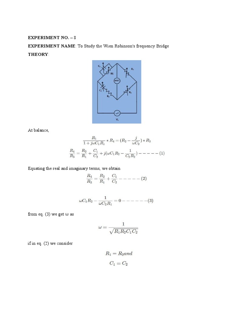 Experiment No. - 8 EXPERIMENT NAME: To Study The Wien Robinson's ...