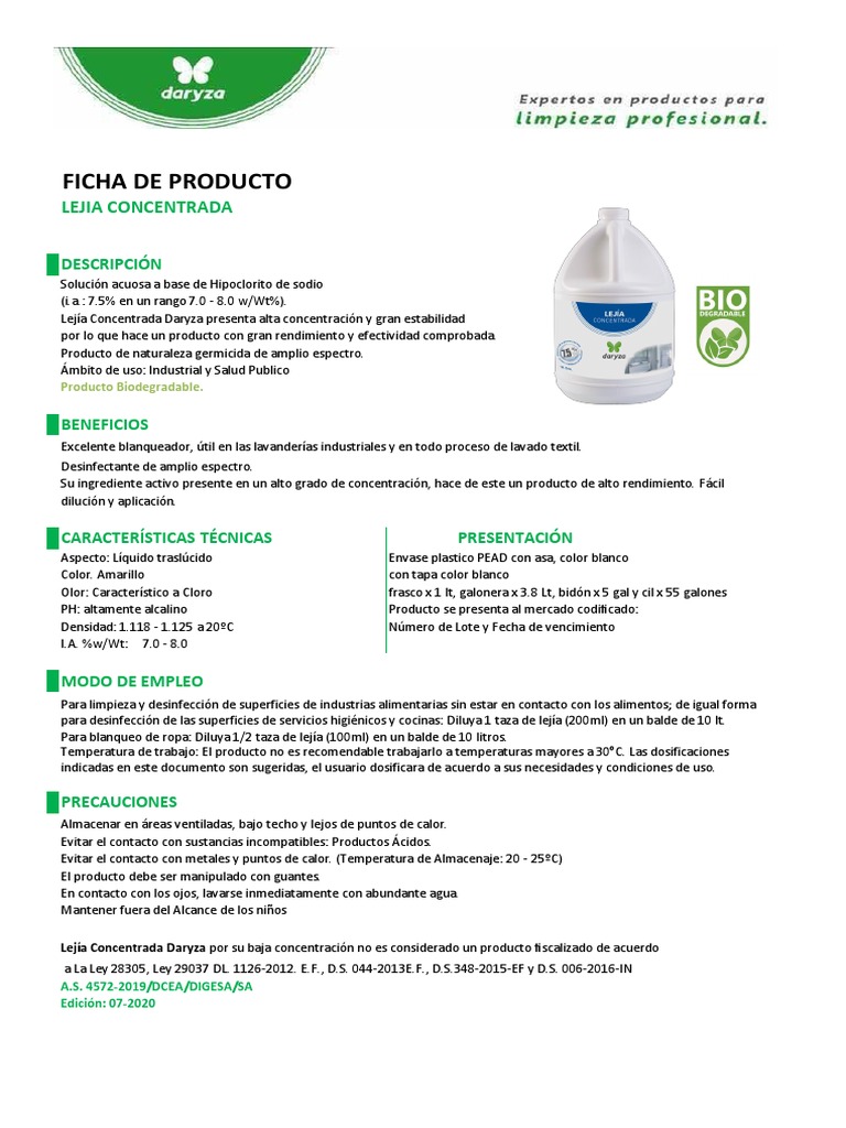 Ficha Tecnica-Lejia Concentrada 7.5 - 2020 | PDF | Blanqueador | Química