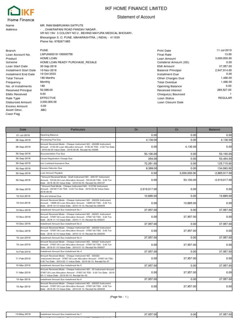 Ikf Home Finance Limited: Statement of Account | PDF | Cheque | Loans