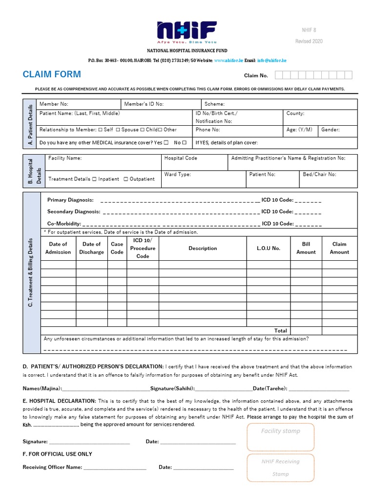 NHIF Universal Claim Form 2020 | PDF | Hospital | Patient