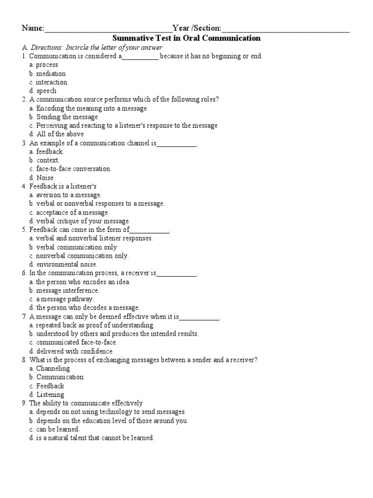 Oral Communication Test Guide | PDF | Social Science | Language Arts ...