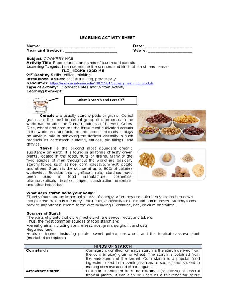 Learning Activity Sheet COOKERY | PDF | Starch | Pasta