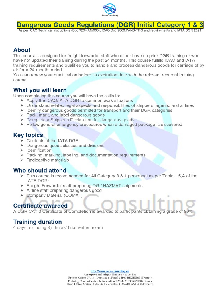 Dangerous Goods Regulations (DGR) Initial Category 1 & 3: About | PDF