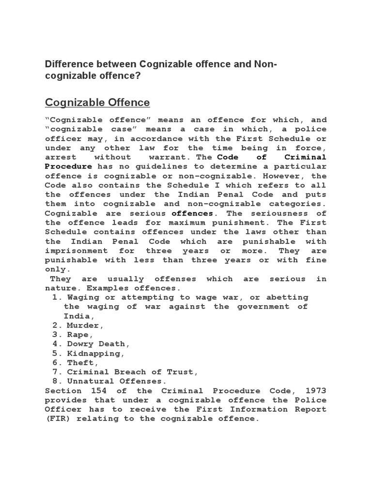 Difference Between Cognizable Offence and Non-Cognizable Offence | PDF ...