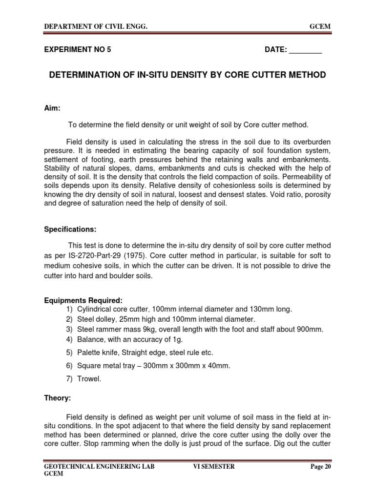 Determination of In-Situ Density by Core Cutter Method: Experiment No 5 DATE | PDF | Density | Soil