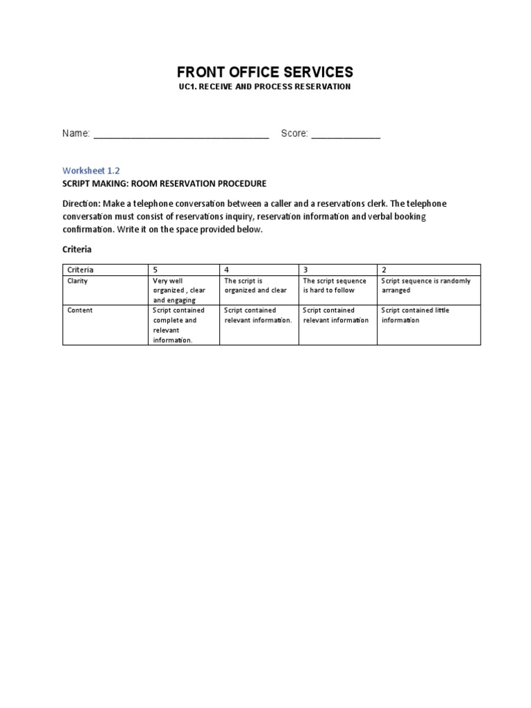 Receiving and Processing Hotel Room Reservations: A Script for ...