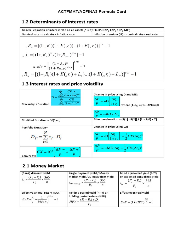 1.2 Determinants of Interest Rates: ACTFMKT/ACFINA3 Formula Card | PDF ...