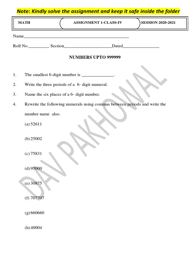 Numbers Upto 999999: Math Assignment 1-Class-Iv SESSION 2020-2021 | PDF