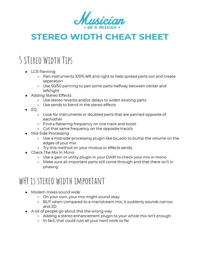 Stereo Width Cheat Sheet | PDF | Equalization (Audio) | Electronics