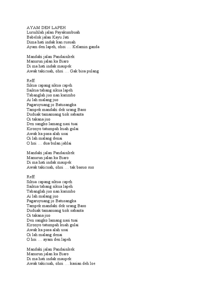Lirik Lengkap Lagu Ayam Den Lapeh | PDF | Seni & Disiplin Bahasa | Seni