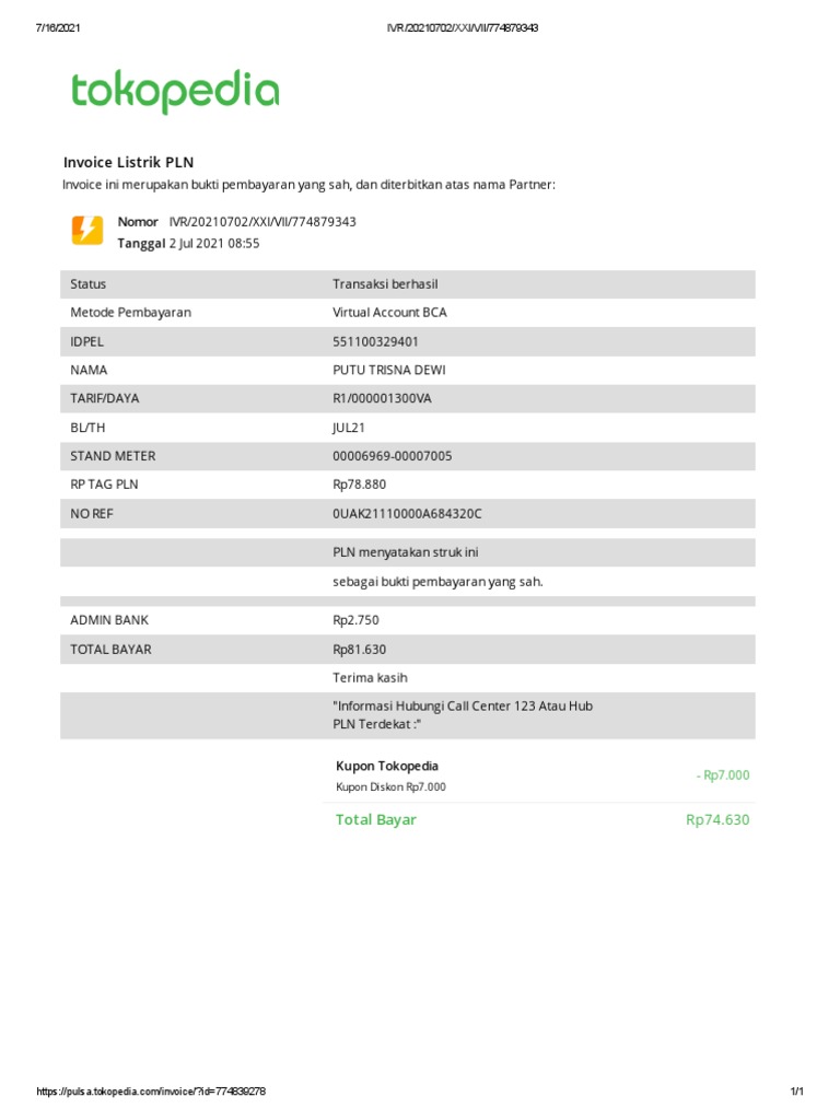 Invoice Pembayaran Listrik PLN Juli 2021 | PDF