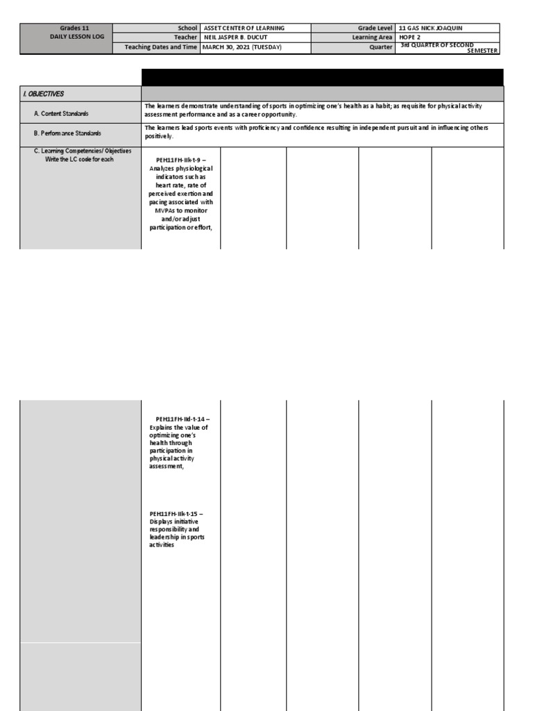 DLL Co 1 Hope 2 S.Y. 2020 2021 | PDF | Heart Rate | Learning