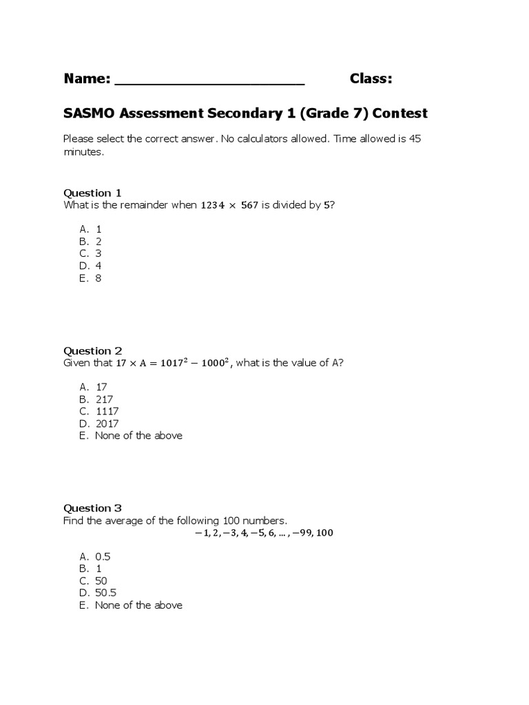 S1 Assessment Paper - 2017 15 Questions | PDF | Numbers | Mathematics