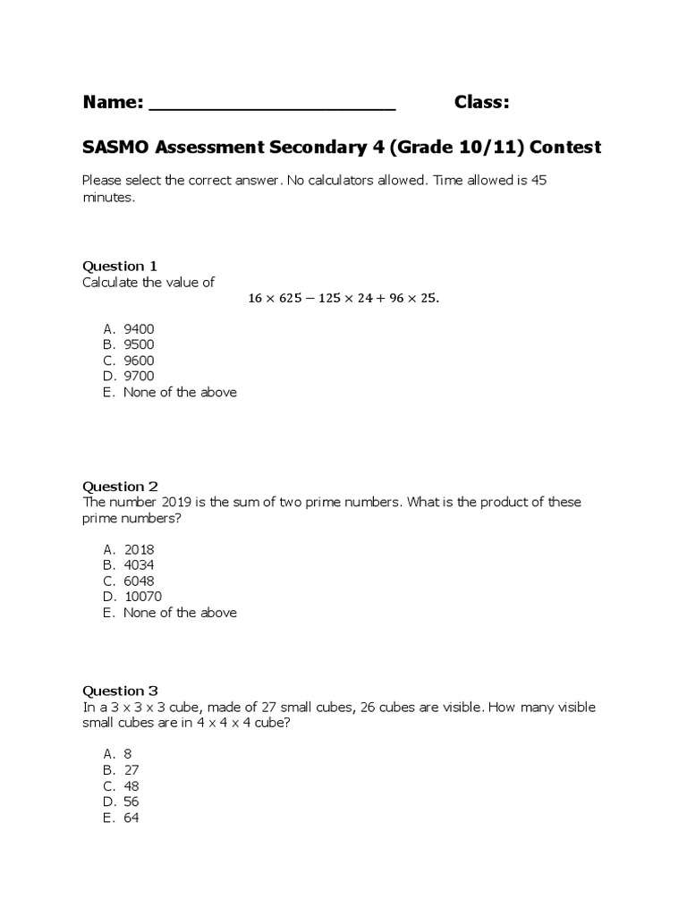 S4 Assessment Paper - 2017 15 Questions | PDF | Prime Number | Discrete ...