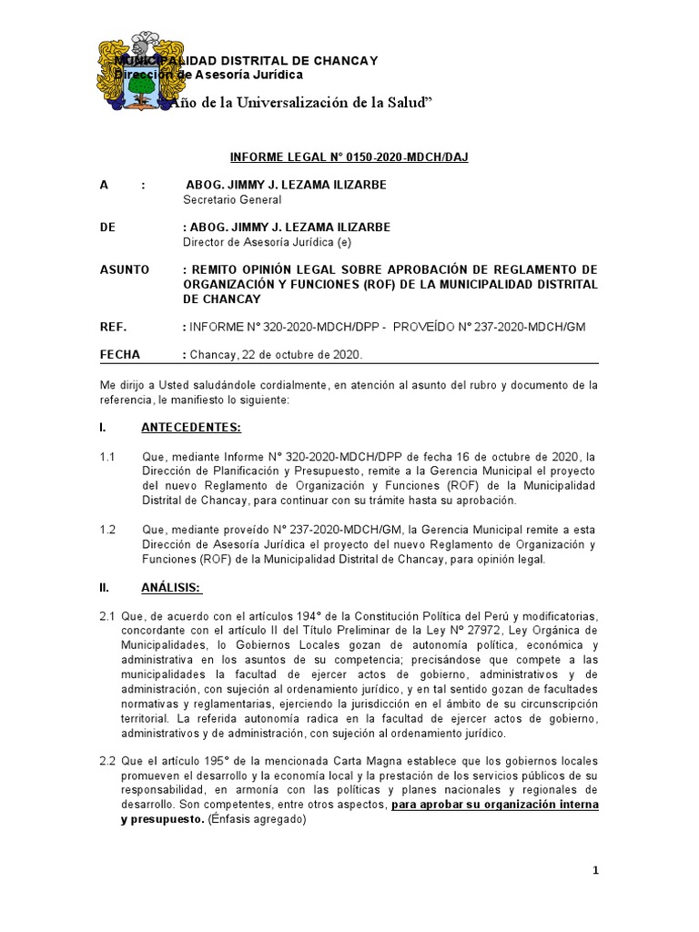 150 - Remito Opinión Legal Sobre Reglamento de Organización y Funciones (ROF) y Estructura ...