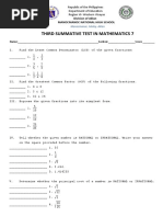 Math 7 3rd Quarter Exam and Answer Key and TOS | PDF