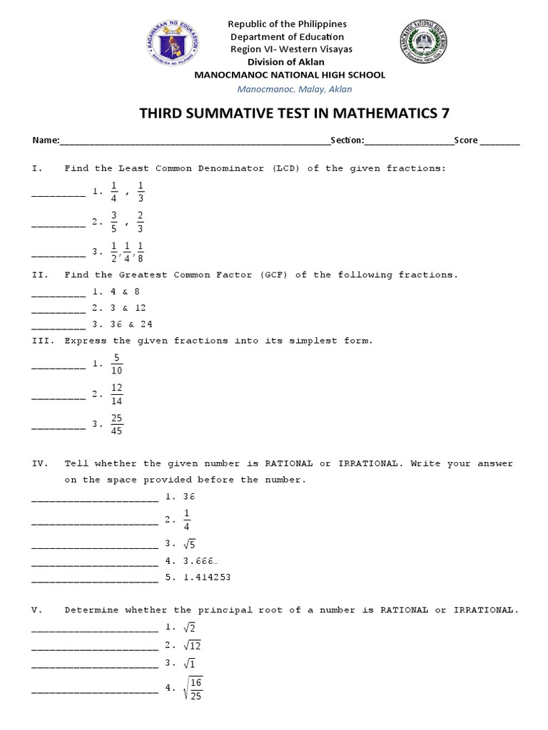 Grade 7 Math Summative Tests | PDF | Numbers | Rational Number