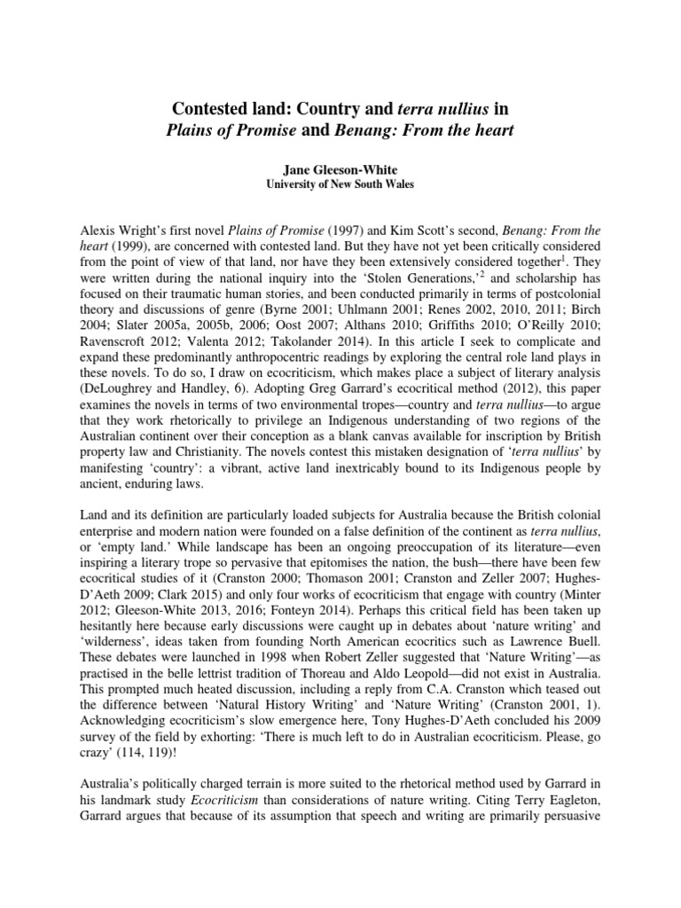 Contested Land-Country and Terra Nullius in Plains of Promise | PDF ...