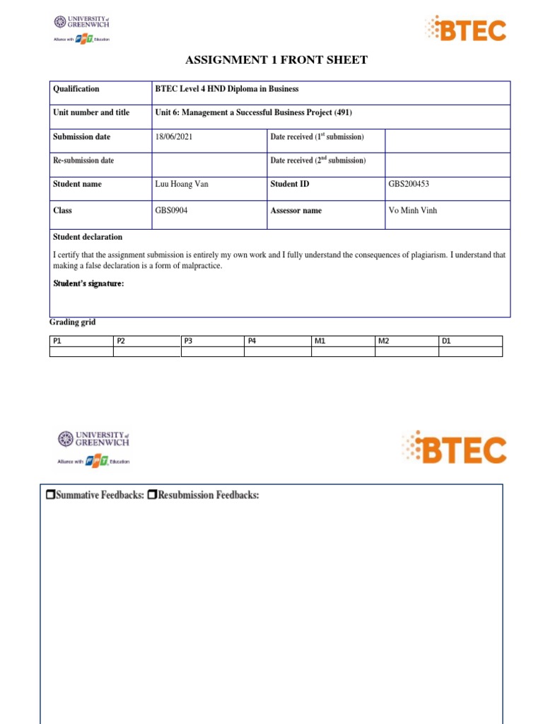 Assignment 1 Front Sheet: Qualification BTEC Level 4 HND Diploma in Business | PDF | Brand | Ho ...