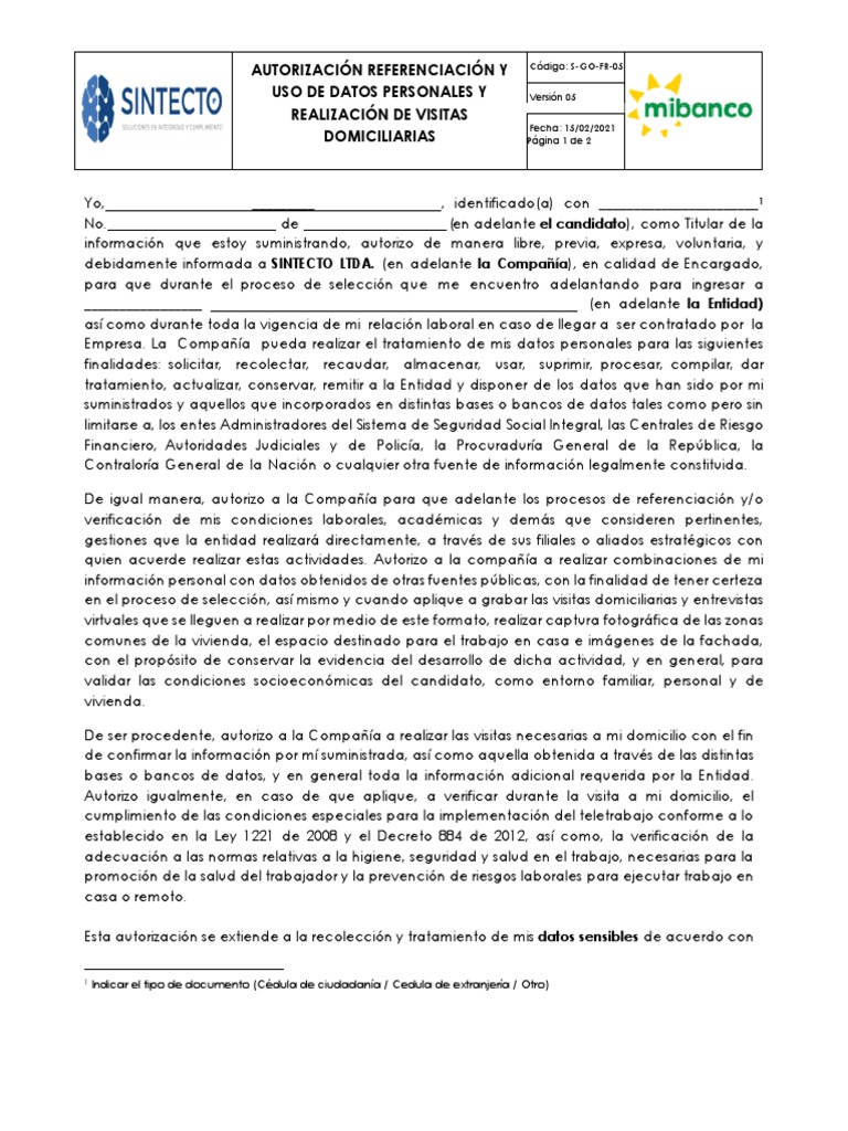 Formato Autorizacion Sintecto | PDF | Información