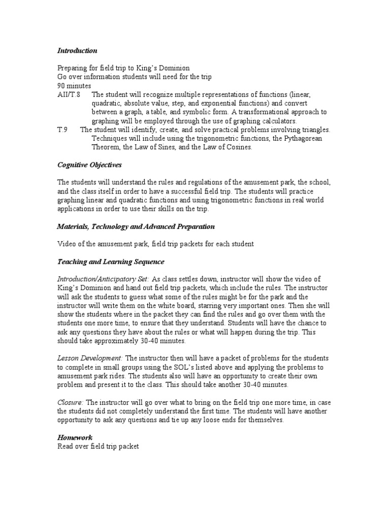 Field Trip Lesson Plan | PDF | Trigonometric Functions | Learning