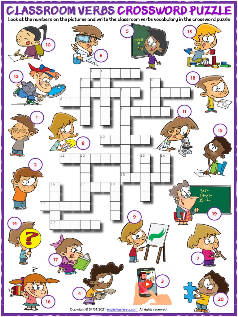 Classroom Verbs Vocabulary Esl Crossword Puzzle Worksheet For Kids | PDF