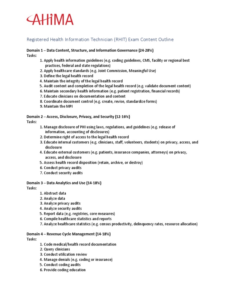 RHIT Exam Content Overview | PDF | Medical Record | Regulatory Compliance
