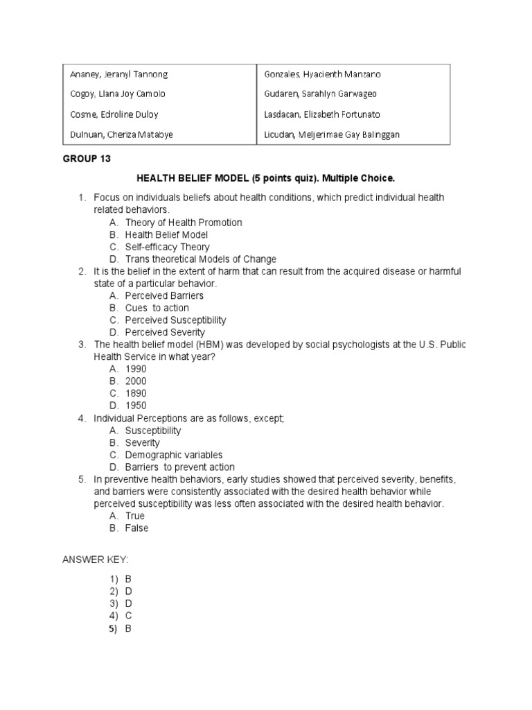 Health Belief Model Quiz Overview | PDF
