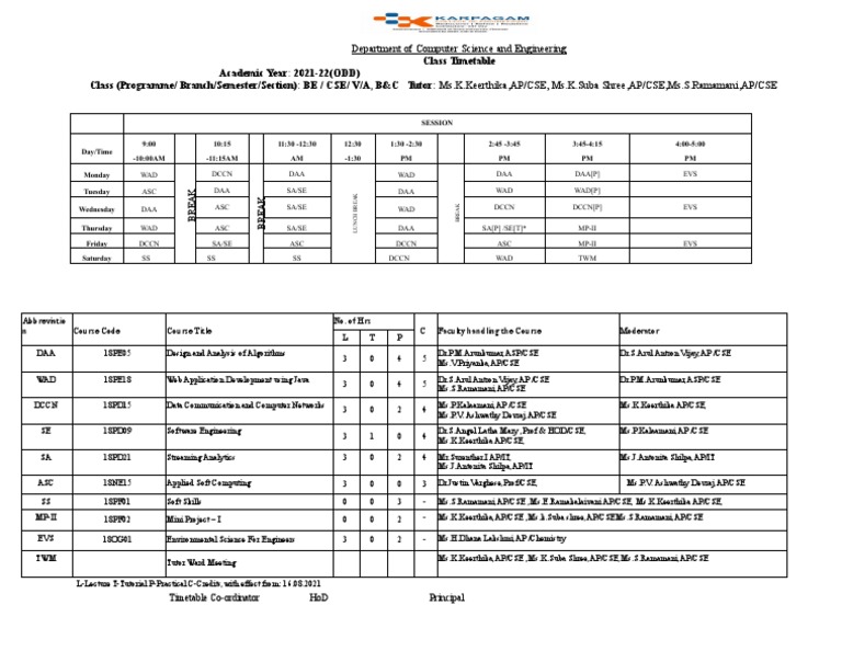 Iii Cse Timetable 2021-22 Odd | PDF | Science And Technology | Computer ...