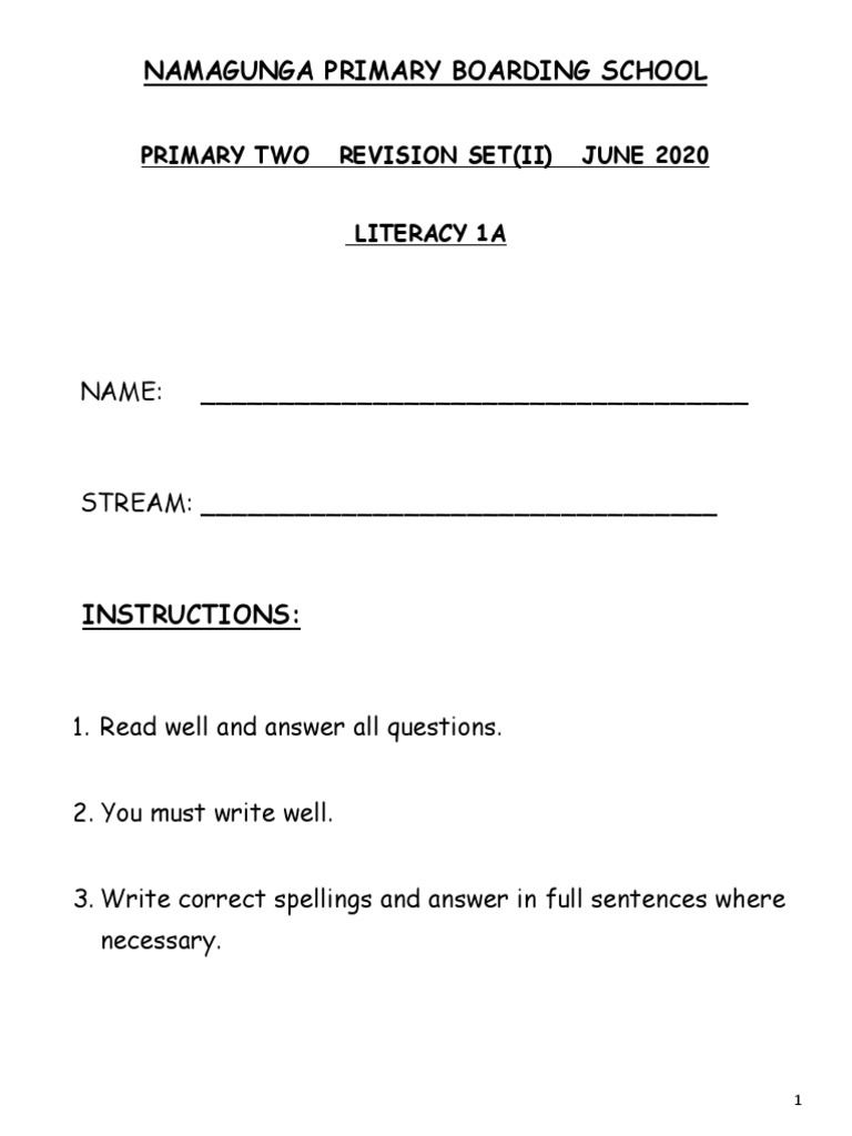 Primary Two Literacy Revision Set: Identifying Key Concepts About ...