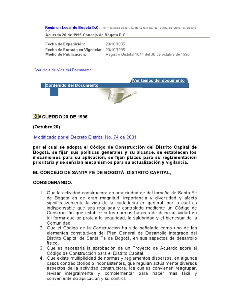 Acuerdo 20 de 1995 | PDF | Ley de construcción | Bogotá