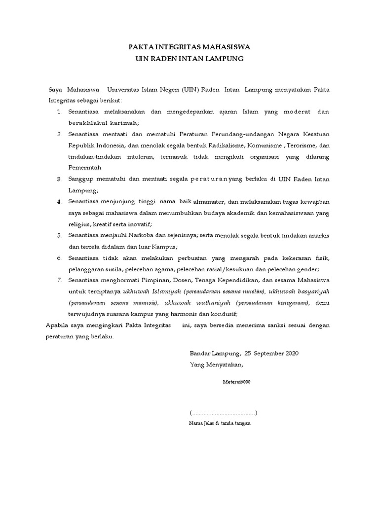 Fakta Integritas Mahasiswa Baru Uin Ril. | PDF