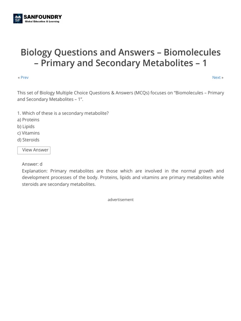 Biology Questions and Answers - Biomolecules - Primary and Secondary ...