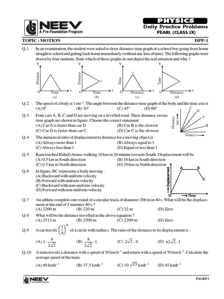 Physics: Topic: Motion DPP-1 | PDF | Acceleration | Velocity