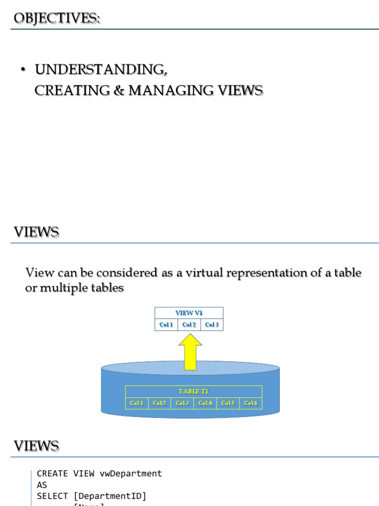 Objectives: Understanding, Creating & Managing Views | PDF | Databases | Software