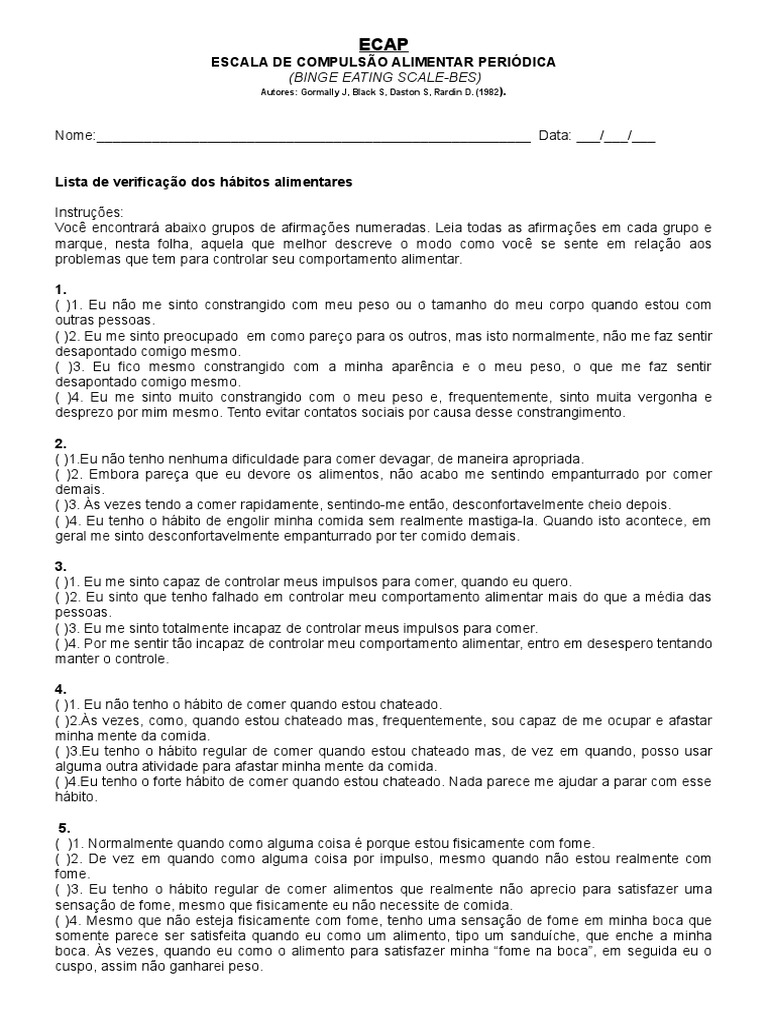 Escala de Compulsão Alimentar | PDF | Alimentos | Transtorno obsessivo ...