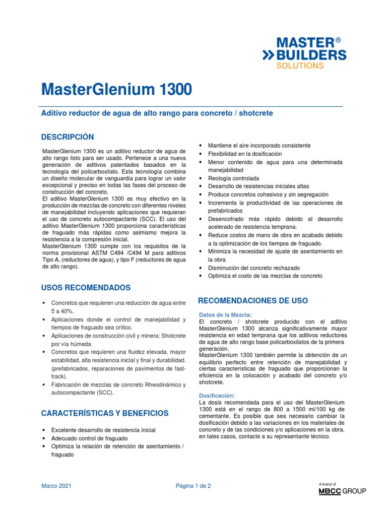 Masterglenium 1300 | PDF | Hormigón | Agua