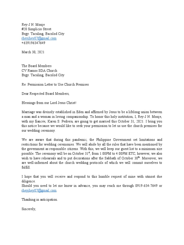 Permission Letter To Use Church Premises | PDF