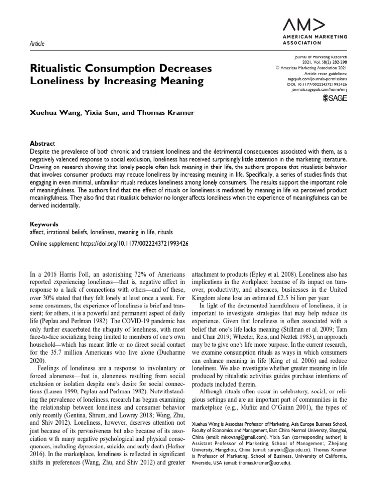 Ritualistic Consumption Decreases Loneliness | PDF | Loneliness | Rituals