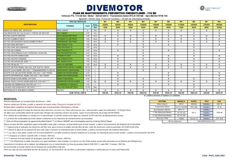 Plan Mantenimiento Freightliner 114SD | PDF | Química | Tecnología de ...
