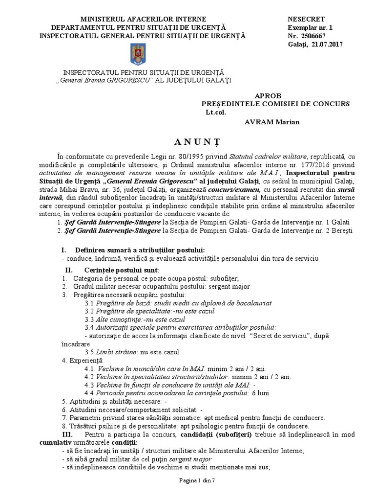 Anunt - Concurs - Sef - Garda - Interventie-Stingere - Galati 2 | PDF