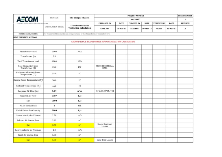 Transformer Room Ventilation Calculation 20170310xlsx - Compress | PDF ...