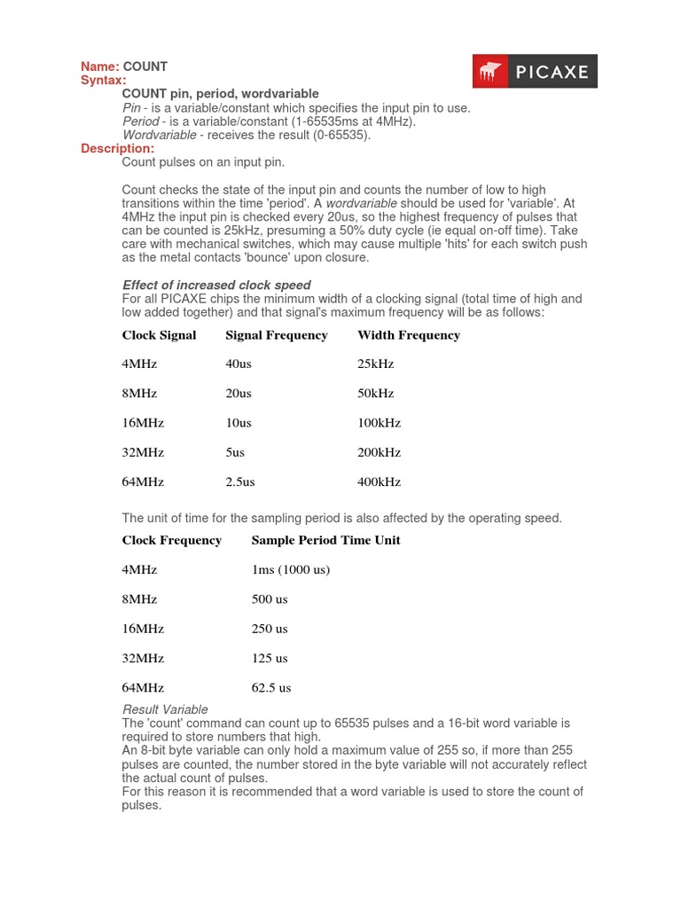 COUNT Command PICAXE | PDF | Switch | Computer Programming