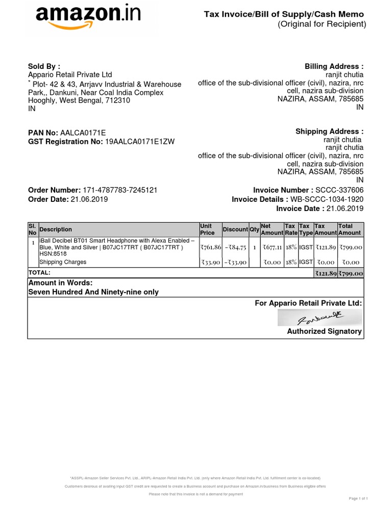 Invoice Iball Decibel Bluetooth Headphone | PDF | Invoice | Value Added Tax