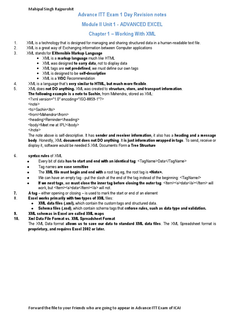 Advance ITT Exam 1 Day Revision Notes Module Ii Unit 1 - Advanced Excel ...