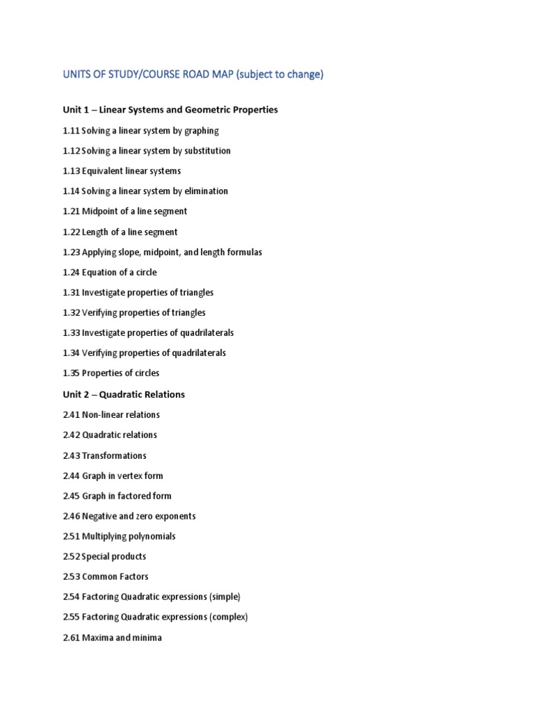 UNITS OF STUDY/COURSE ROAD MAP (Subject To Change) : Unit 1 - Linear ...