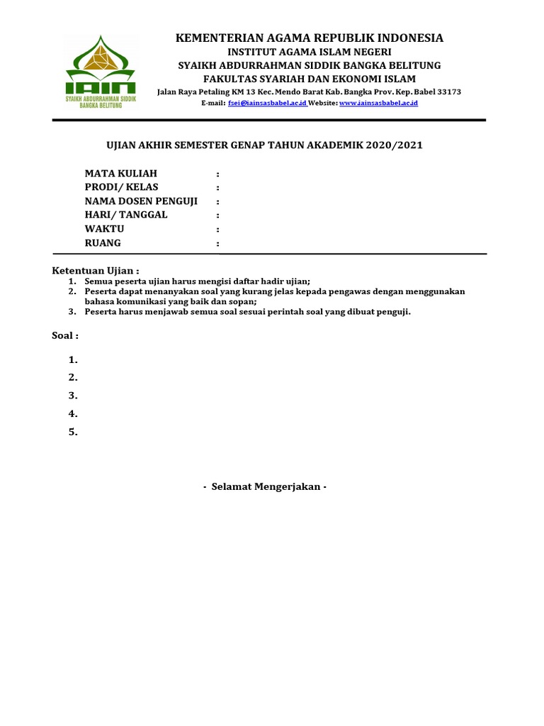 Contoh Format Soal Uas 2020 | PDF