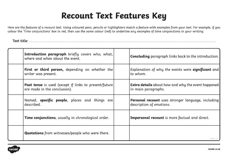 T2 E 1234 LKS2 Features of A Recount Text Checklist | PDF