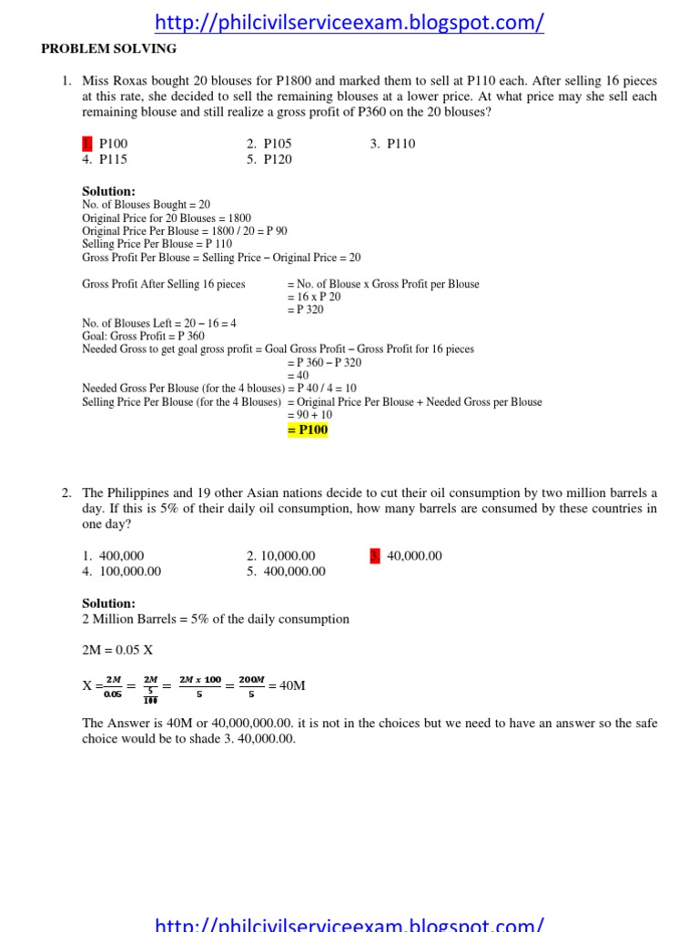 Answers to Philippine Civil Service Reviewer Problem Solving Items 1 to ...